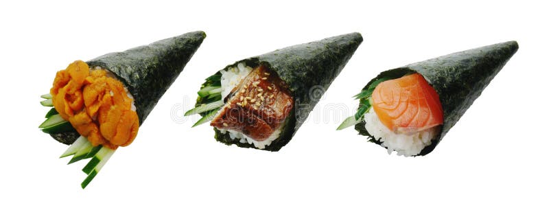 Hand Rolled Temaki Sushi Set Isolated on White Stock Image - Image of ...