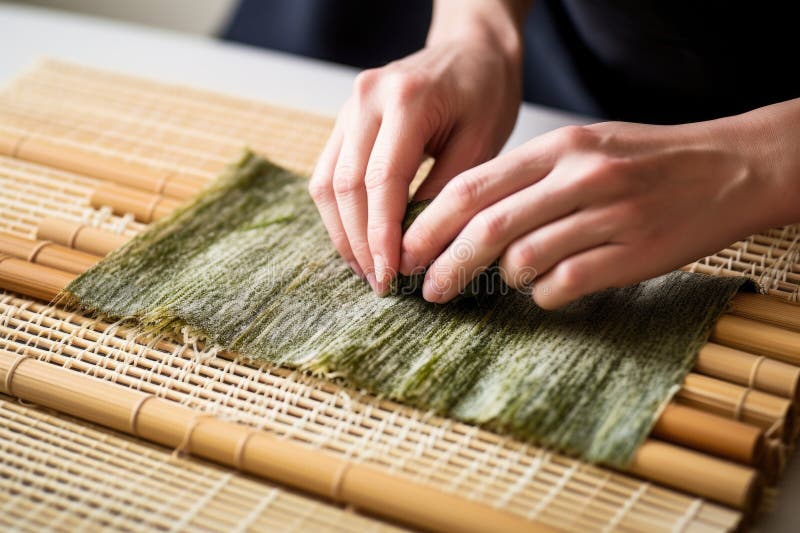 Hand Rolling Sushi Using a Bamboo Mat on a Light Table Stock ...