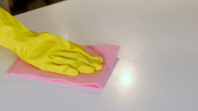 Hand with Rubber Glove Cleaning Table with Sponge and Detergent. Hand ...