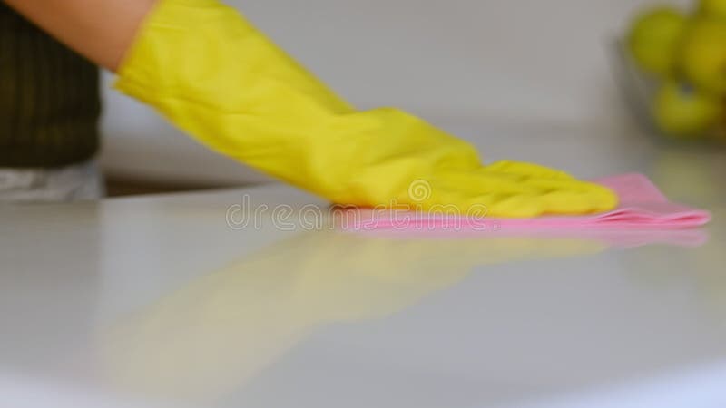 Hand with Rubber Glove Cleaning Table with Sponge and Detergent. Hand ...