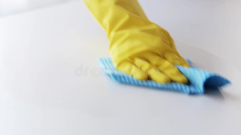 Hand with Rubber Glove Cleaning Table with Sponge and Detergent. Hand ...