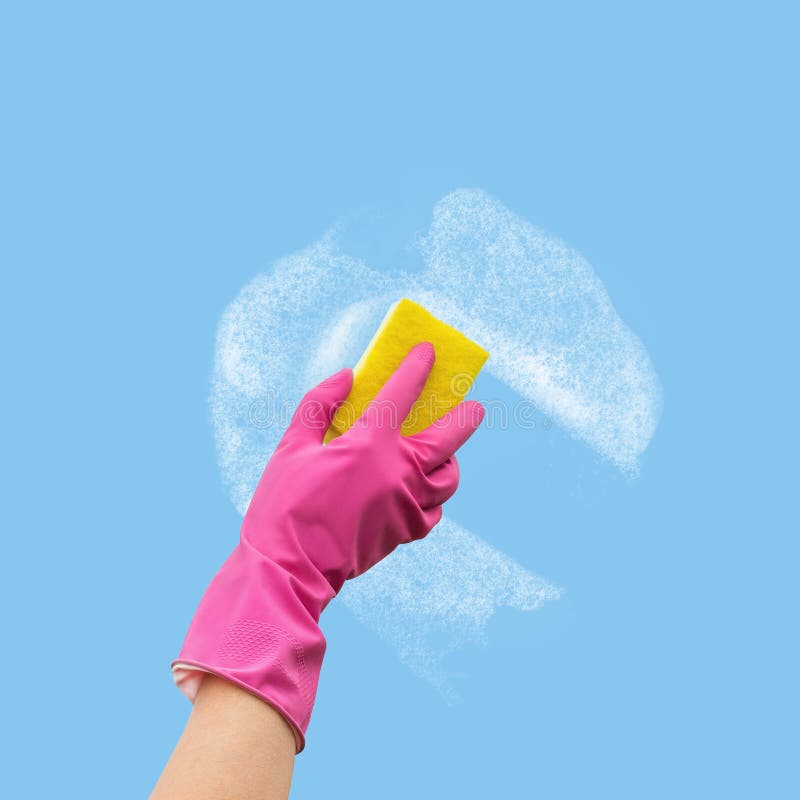 Hand in Rubber Glove Washes Detergent Wall. Stock Photo - Image of ...