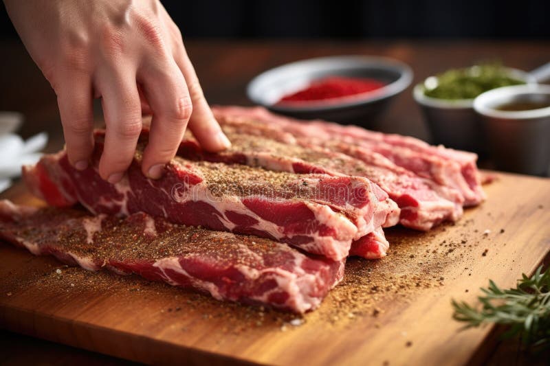Hand Rubbing Spices on Raw Pork Ribs Stock Image - Image of hand ...