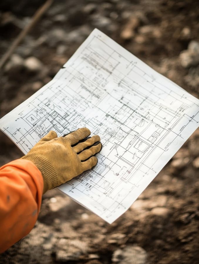 Hand in Safety Glove Holding Blueprint at Construction Site during ...