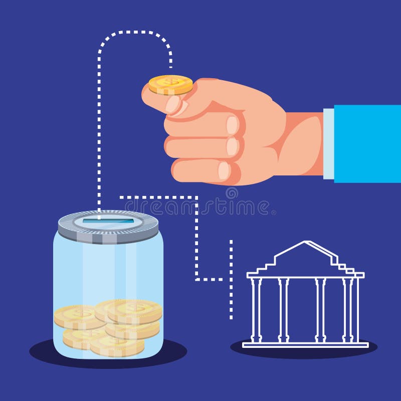 Hand with Saving Coin and Bank Building Stock Vector - Illustration of ...