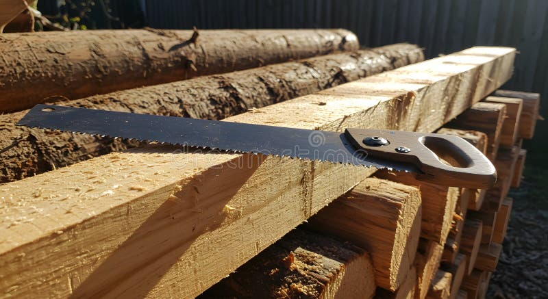 Hand Saw Resting on Stack of Freshly Cut Lumber in the Warm Sunlight: a ...