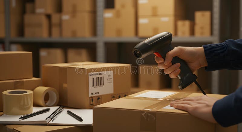 Scanning Barcode on Cardboard Box in Warehouse for Inventory Control ...
