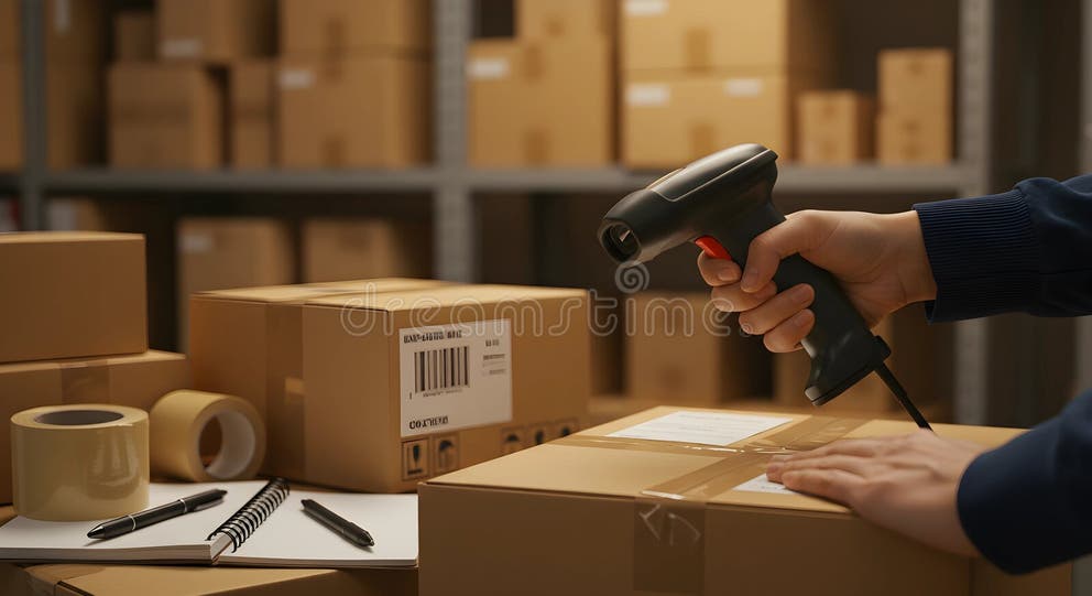 Scanning Barcode on Cardboard Box in Warehouse for Inventory Control ...