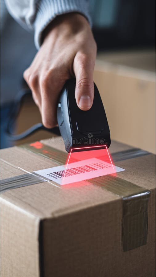 Hand Scans a Barcode on a Sealed Cardboard Box with a Barcode Scanner ...