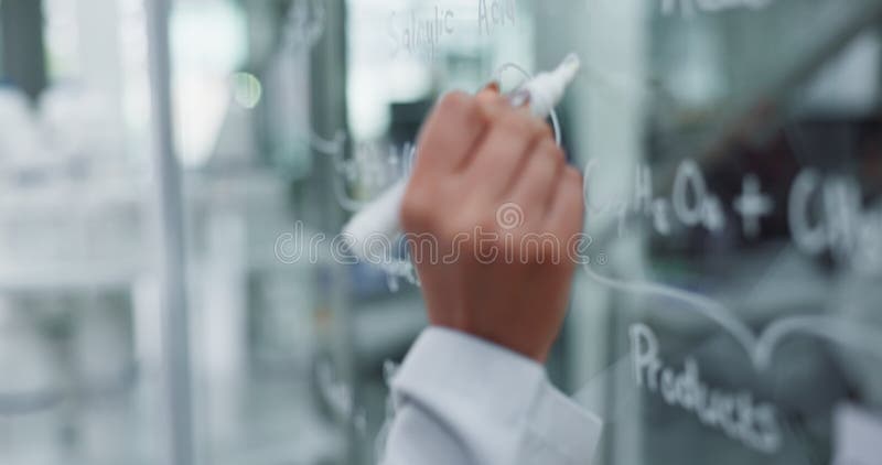 Hand, Science and Writing on Glass in Laboratory with Person ...