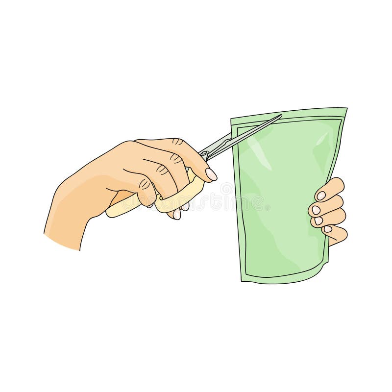 Hand with Scissors Cutting Off the Package. Open Here Concept. Colored ...
