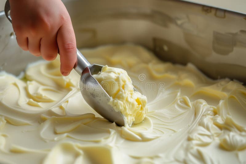 Hand Scooping Butter from Vat with Stainless Scoop Stock Photo - Image ...