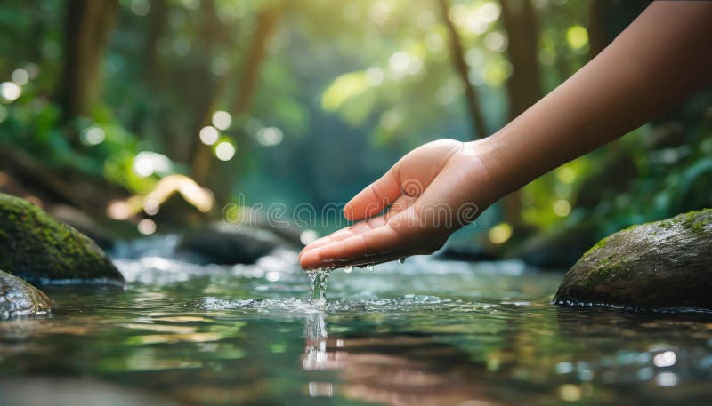 Hand Scooping Fresh Clear Water from a Shallow Mountain Stream in a ...