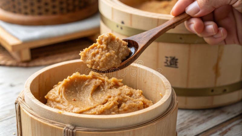 A Hand Scooping Thick Savory Miso Paste from a Wooden Container ...