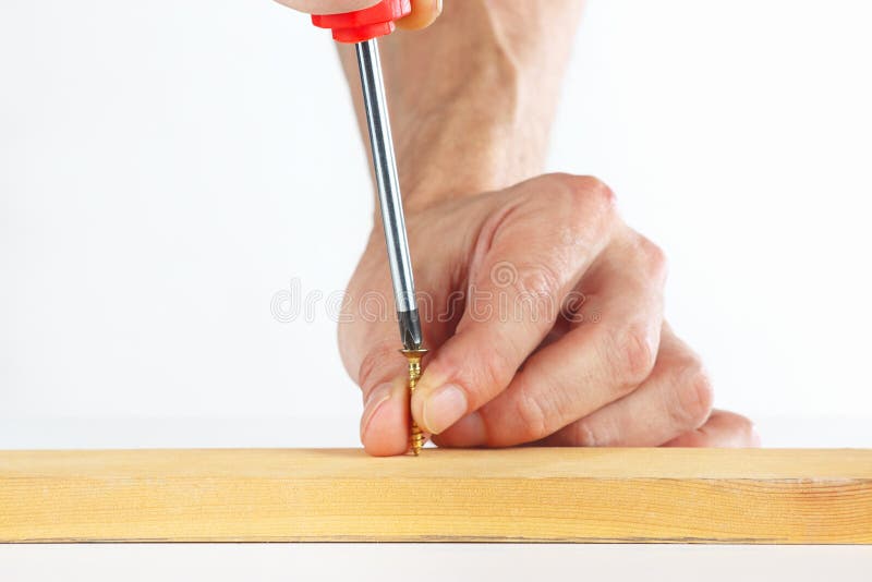 Hand Screws in a Hole Chipboard, Furniture Assembly Manually. Stock ...