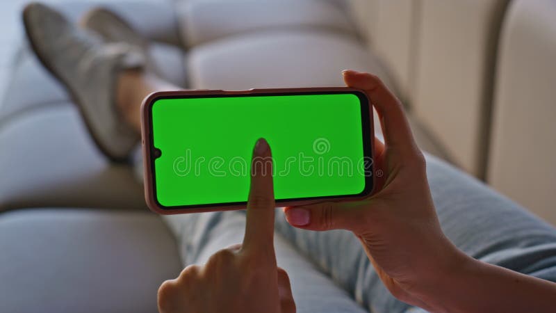 Hand Scrolling Chroma Key Smartphone Sofa Closeup. User Holding ...