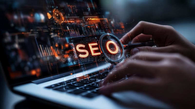 A Hand Scrolling on a Laptop Displaying SEO Visuals and Data in a ...