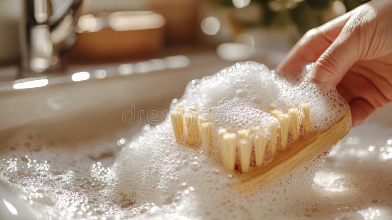 Hand Scrubbing Brush with Soap Bubbles in Kitchen Sink. Stock Photo ...