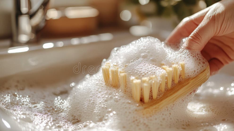 Hand Scrubbing Brush with Soap Bubbles in Kitchen Sink. Stock Photo ...