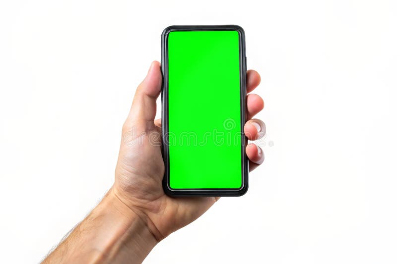 In the Image, a Hand Holds a Cell Phone with a Green Screen for Display ...