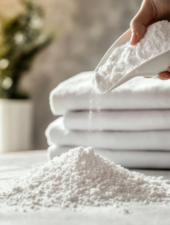 Pouring Laundry Detergent Powder Onto a Clean Surface Next To Freshly ...