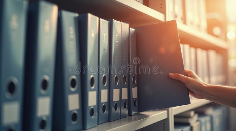 Hand Selecting a Blue File Binder in an Organized Office Filing System ...
