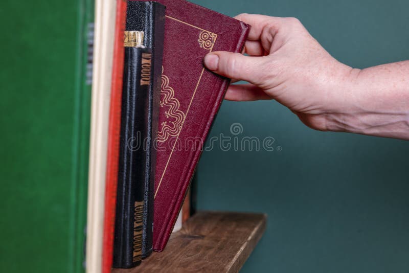 Hand Selecting Book from a Bookshelf Stock Photo - Image of library ...