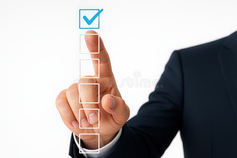 Hand Selecting a Checkbox on a Virtual Checklist Against a Clean White ...