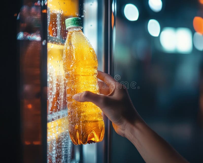 Hand Selecting a Cold Drink from a Vending Machine with Condensation on ...