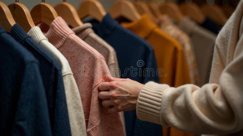 Hand Selecting Cozy Colorful Sweaters on Wooden Rack Stock Image ...