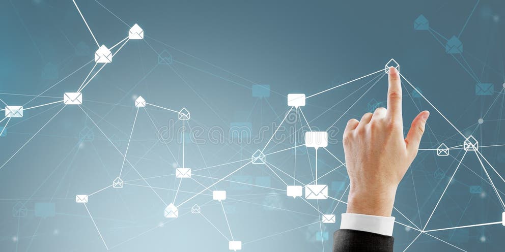 Hand Selecting Email Icon on Digital Interface with Network Connections ...