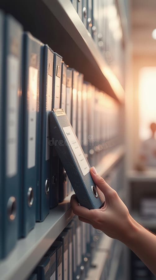 Hand Selecting File Folder from Organized Office Archive at Sunset ...