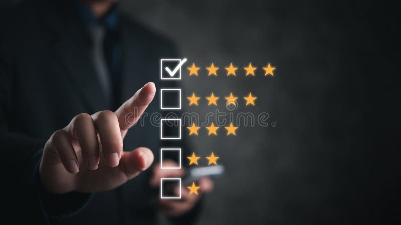 Hand Selecting a Five-star Rating on a Digital Interface. Symbolizes ...