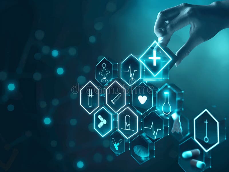 Hand Interacting with Digital Medical Icons Stock Photo - Image of data ...