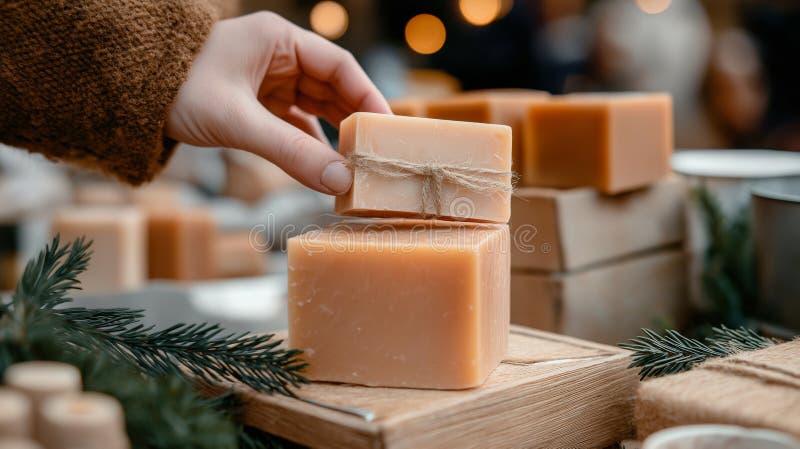 Hand Selecting Handmade Soap Bar at Market Display Stacked on Wooden ...