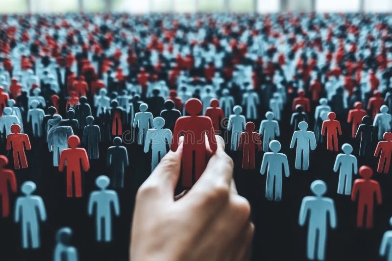 Hand Selecting One Red Figure from a Crowd of Identical Grey Figures ...