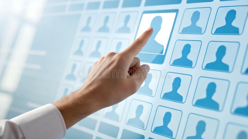 Hand Selecting a Profile from a Grid of Silhouette Avatars on a Digital ...