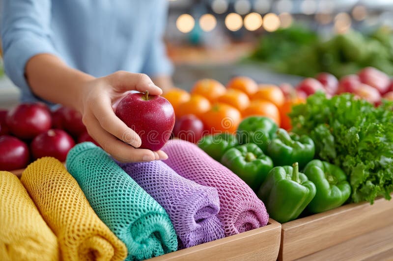 Hand Selecting Red Apple among Fresh Produce and Eco-friendly Reusable ...