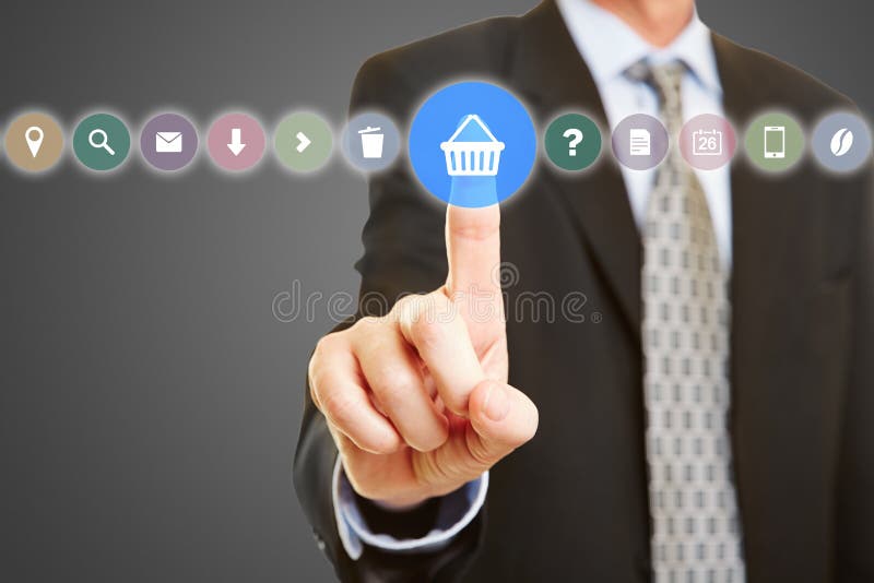 Hand Selecting Shopping Cart on Touchscreen Stock Photo - Image of ...