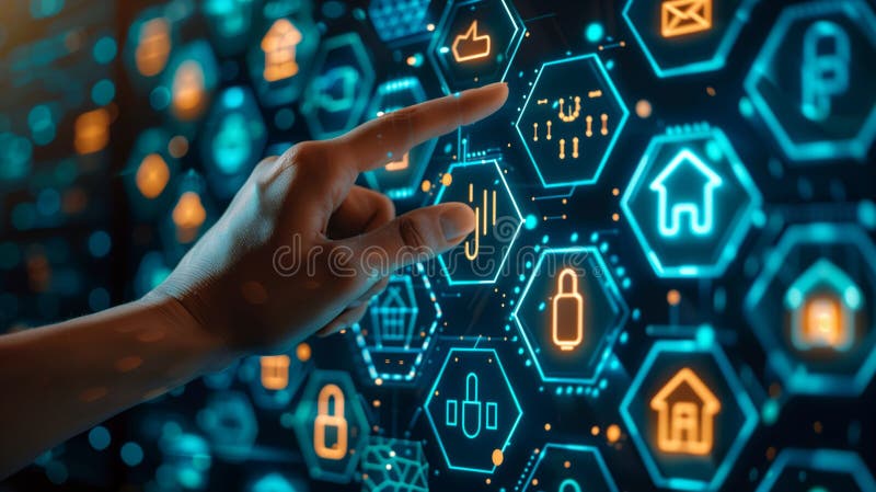 Hand Selecting Smart Home Icons on Digital Display Stock Illustration ...