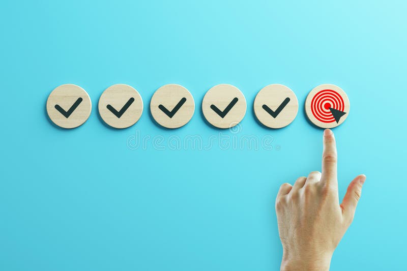 Hand Selecting Target Icon among Check Marks on Wooden Circles Stock ...