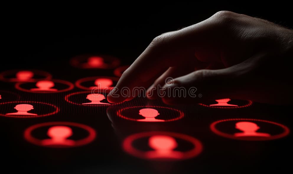 Hand Selecting User Icons on Digital Interface with Red Highlights ...