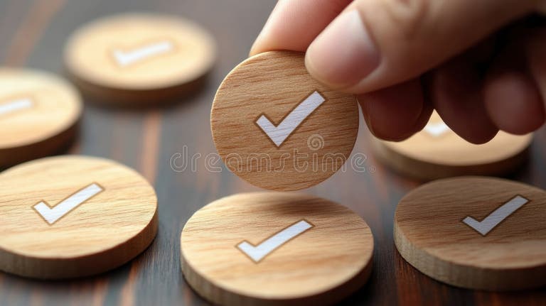 Hand Selecting a Wooden Check Mark Token on a Table Stock Illustration ...