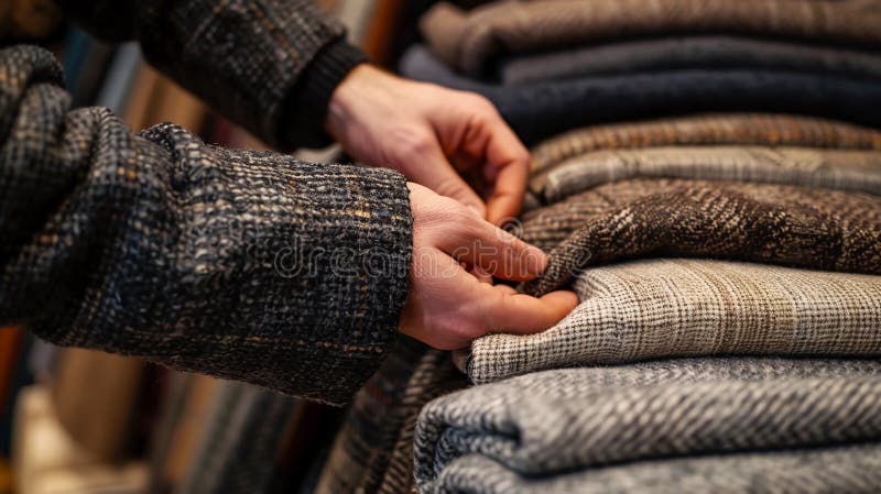 A Hand Selecting Wool Fabric Samples in Neutral Tones. Elegance for ...