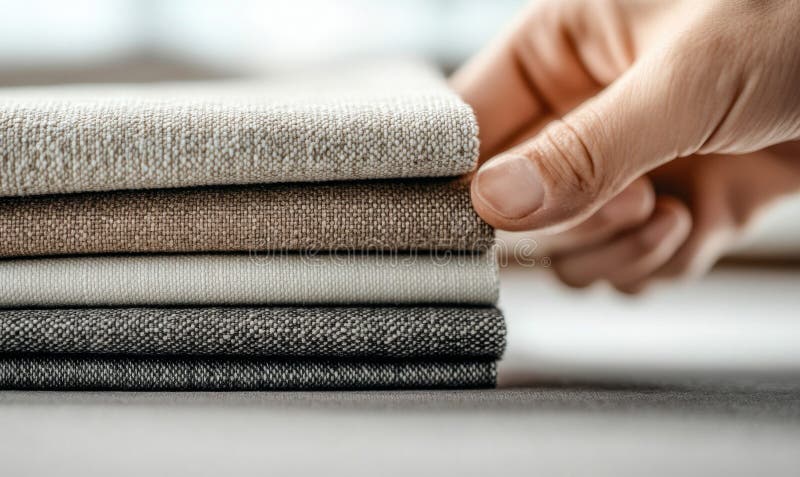 A Hand Selects a Textured Fabric Swatch from a Neat Stack of Upholstery ...