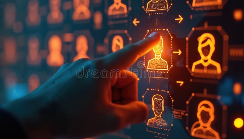 Hand Selects User Profile from Futuristic Interface with Glowing Details. Digital Technology ...