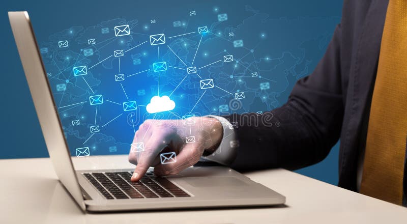 Hand Sending a Bunch of Messages on Laptop Concept Stock Image - Image ...