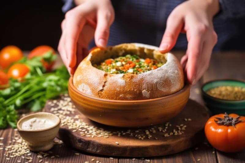 Hand Serving Lentil Soup in a Bread Bowl Stock Image - Image of bread ...