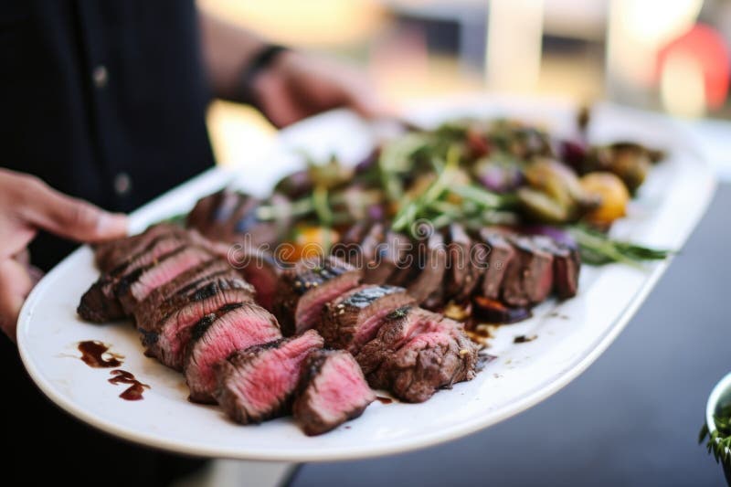 Hand Serving Pieces of Grilled Steak on a Party Plate Stock Photo ...