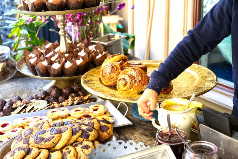 Hand Serving Sweets and Sauce Including Set Table Nice Stock Image ...